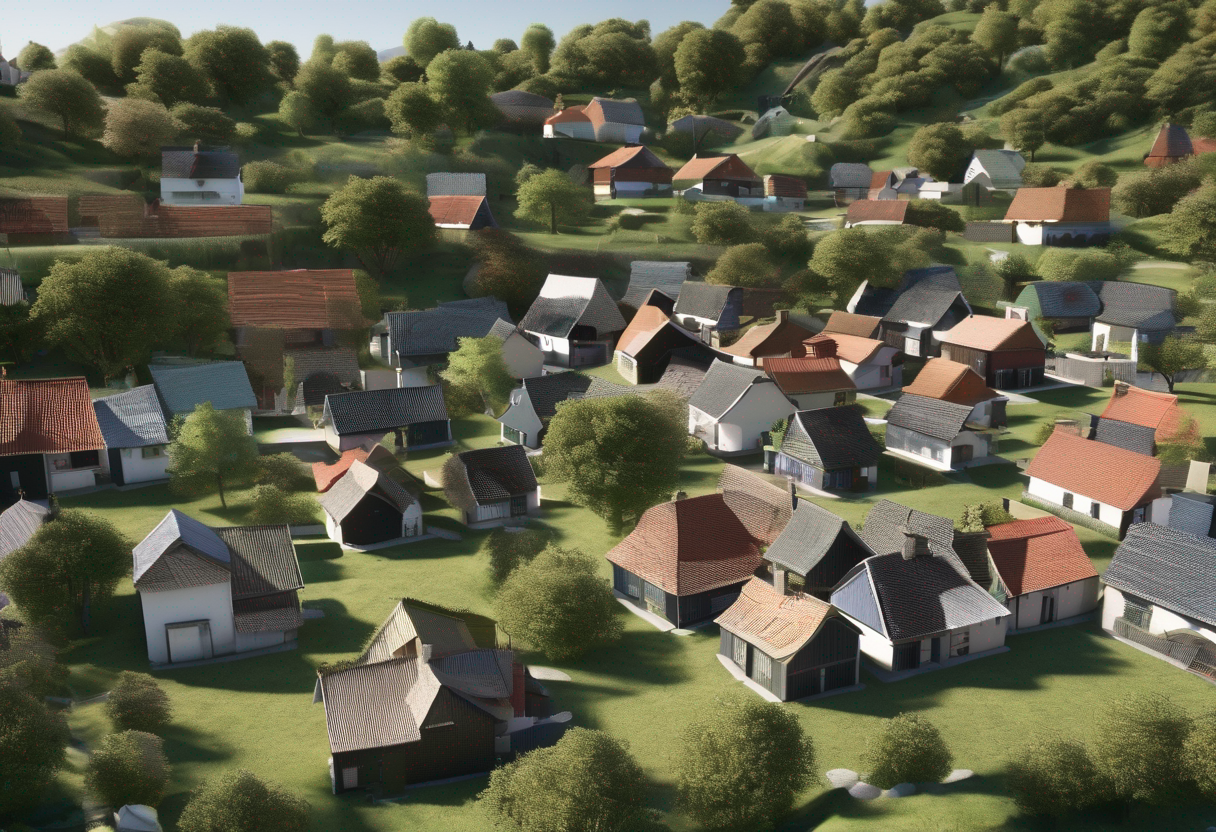 "a 3D scene of a village. Half of it is in mesh view - showing poligons in white on black ...