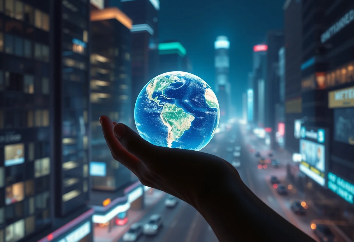 "a holographic earth in the palm of my hand while i look out in a futuristic city" | HackerNoon